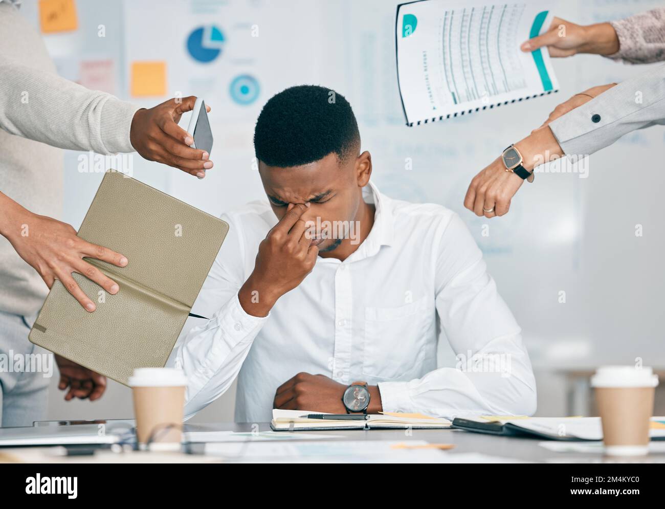 Stress, burnout and tired black man with headache, frustrated or ...