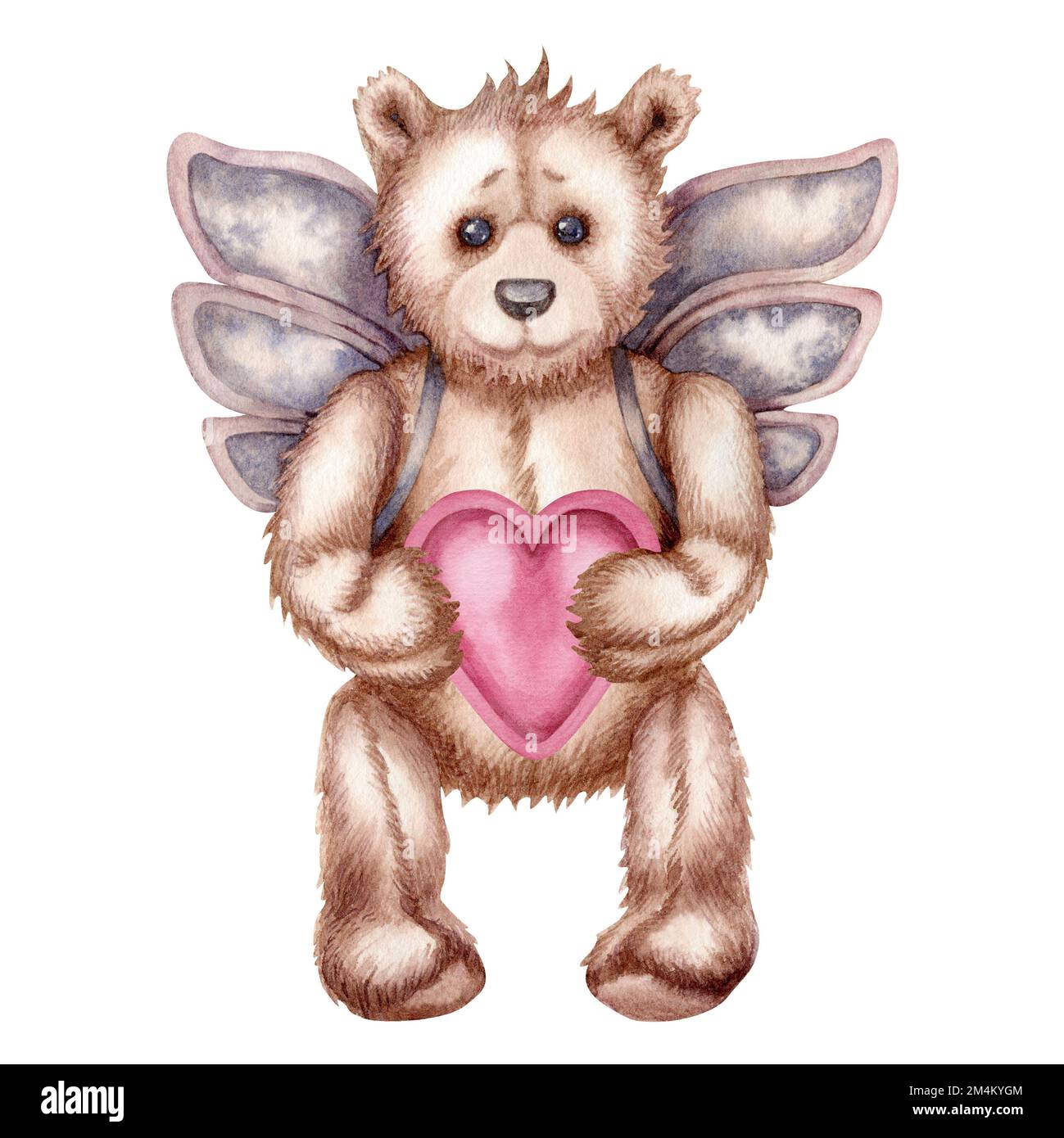 Watercolor hand drawn teddy bears - an angel with pink heart for ...