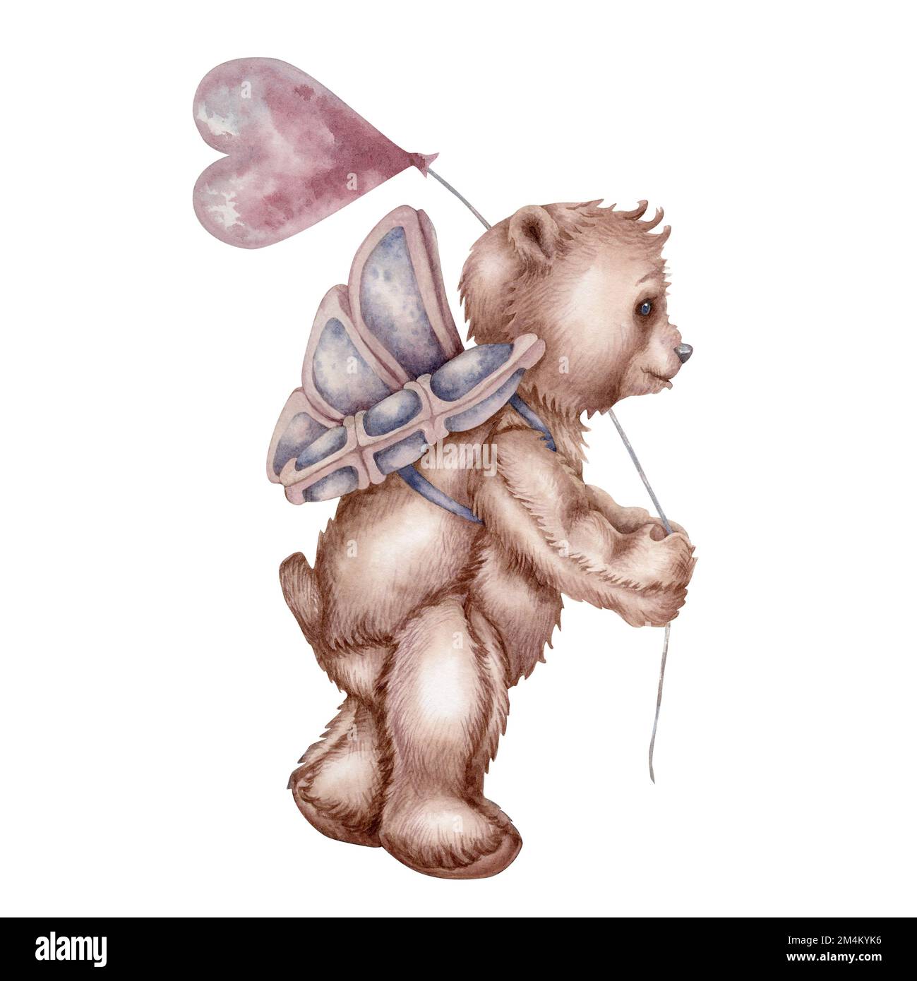 Watercolor hand drawn teddy bear - an angel with pink heart ball for ...