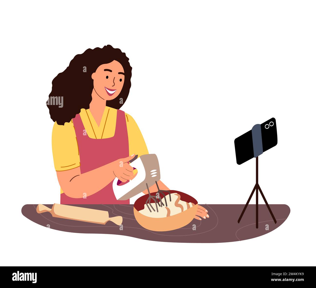 Food Blogger Mixing Dough in Bowl and Explain on Camera How to Cook a ...