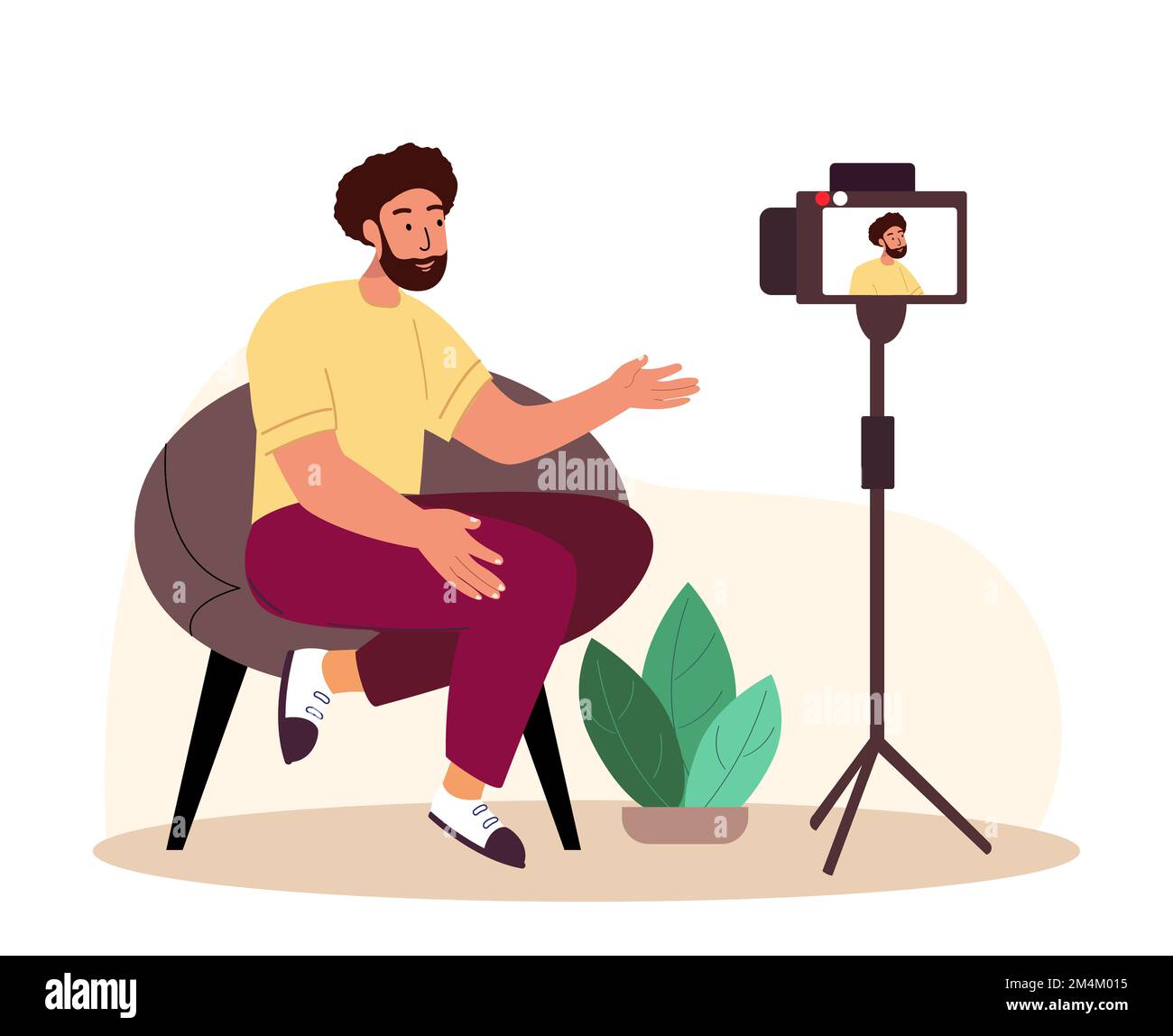 Male Character Creates Video Blog,Man Blogger Tells something in front ...