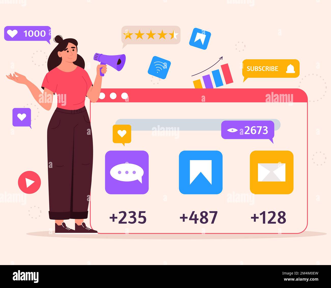 Social media marketing concept with woman with megaphone and icons of ...