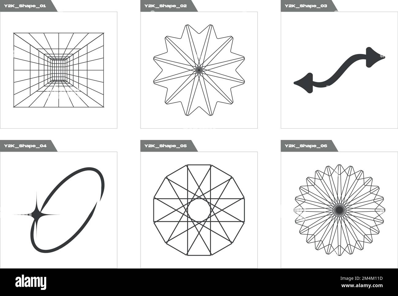Set of Y2K style vectors of objects. Brutalism star and flower shapes ...