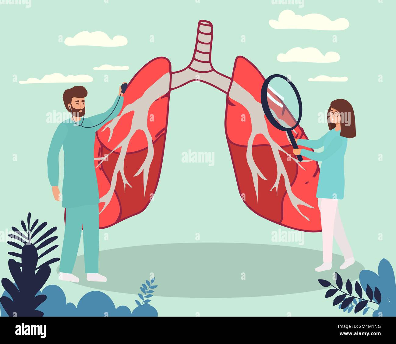 Pulmonology vector illustration. Flat tiny lungs healthcare persons ...