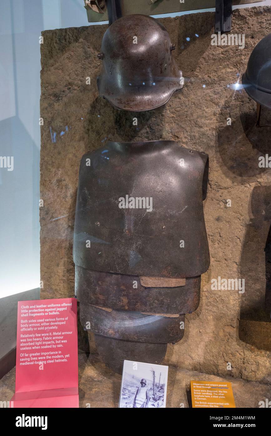 German WWI steel body armour in the Imperial War Museum, London, UK ...