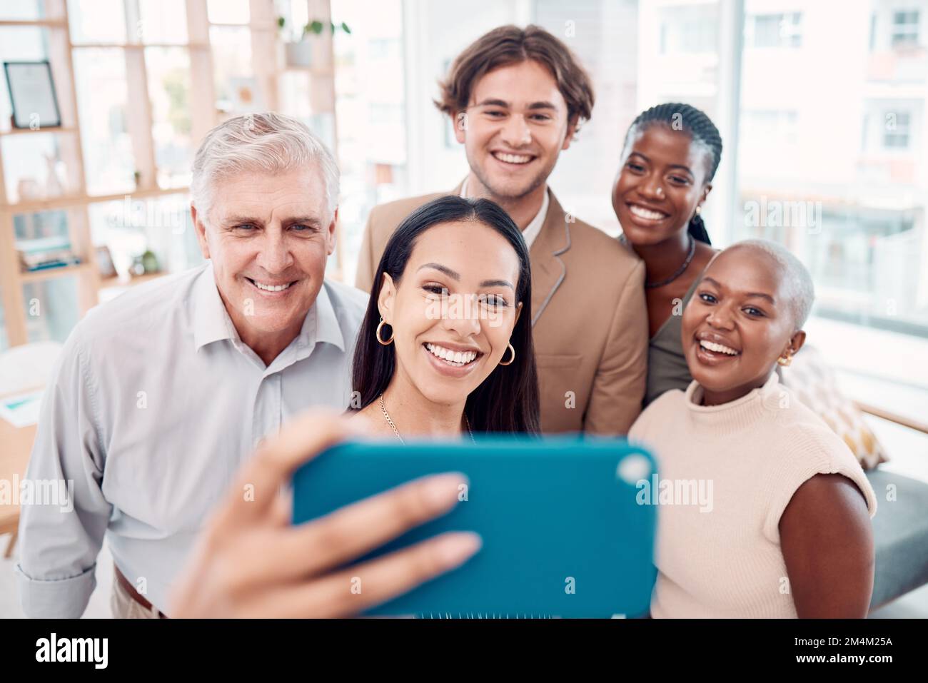 Selfie, phone and business people smile in office for happiness, friends solidarity and teamwork ...