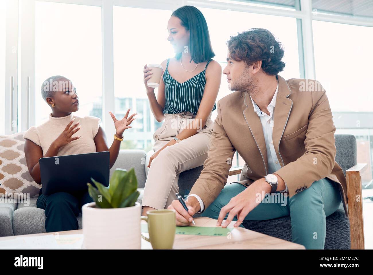 Meeting, discussion and business people talking on sofa for planning ...