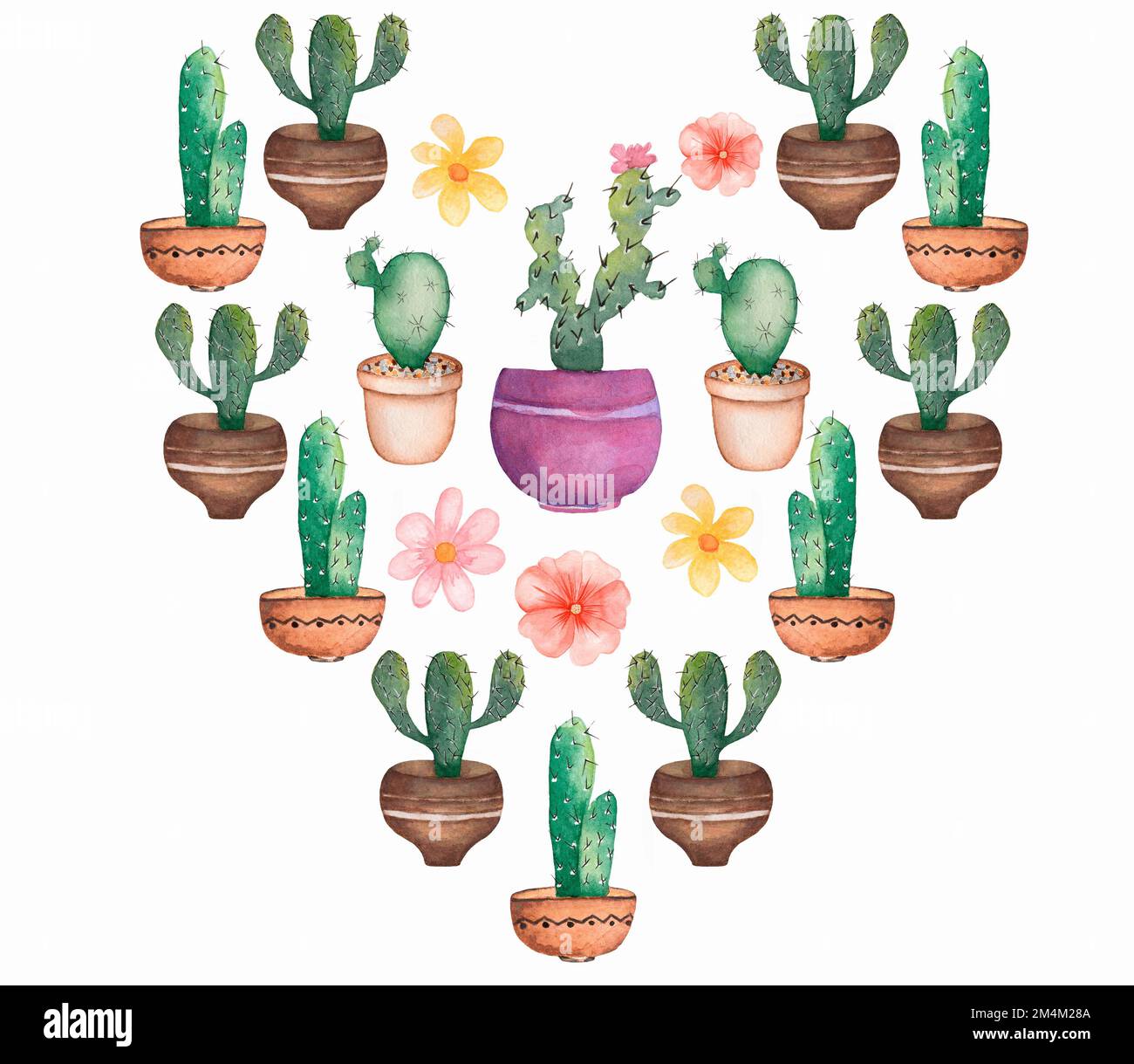 Watercolor cactus heart set. Tropical floral set. Valentines day cactus ...