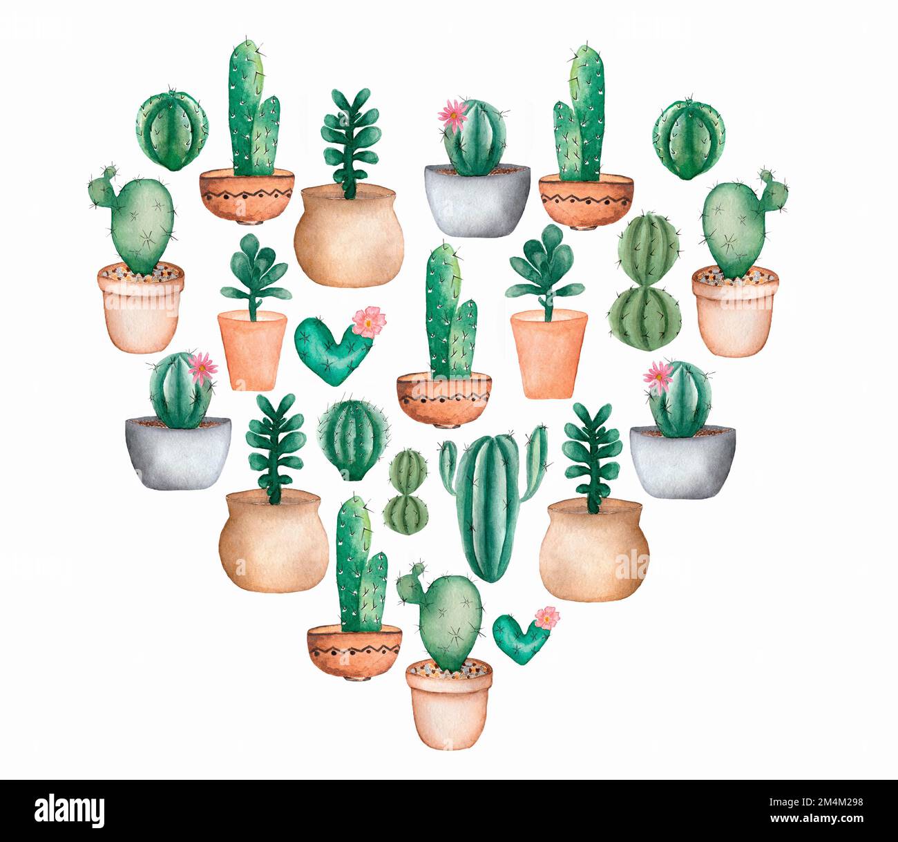 Watercolor cactus heart set. Tropical floral set. Valentines day cactus ...