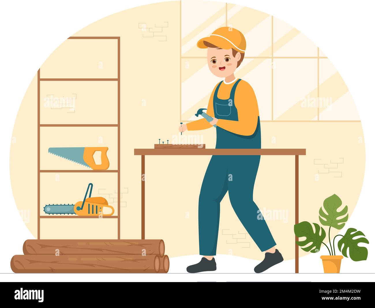 Woodworking with Wood Cutting by Modern Craftsman and Worker using Tools Set in Flat Cartoon ...