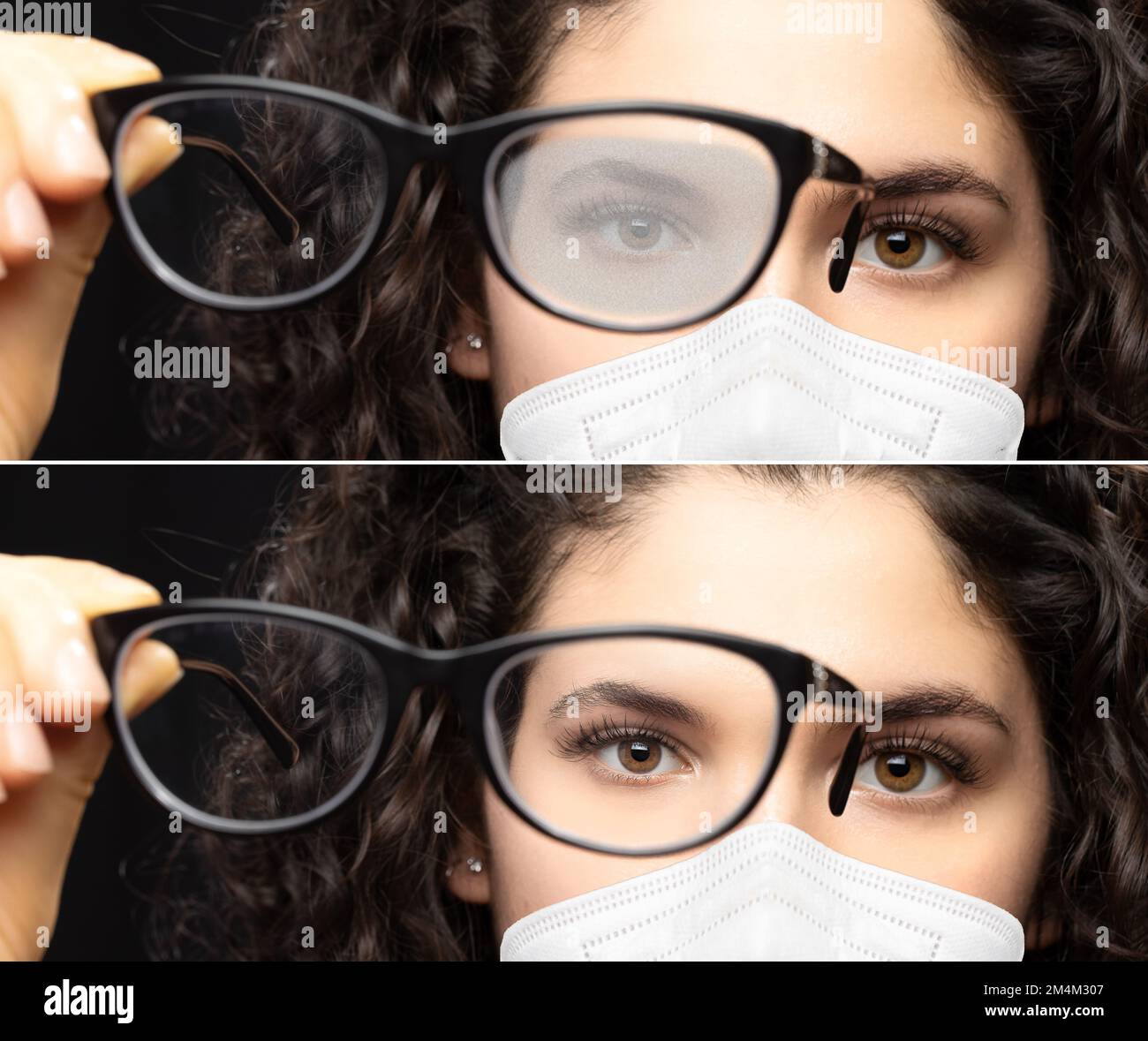 Girl with glasses fogged up because of the mask. View before and after using an anti-fog product ...