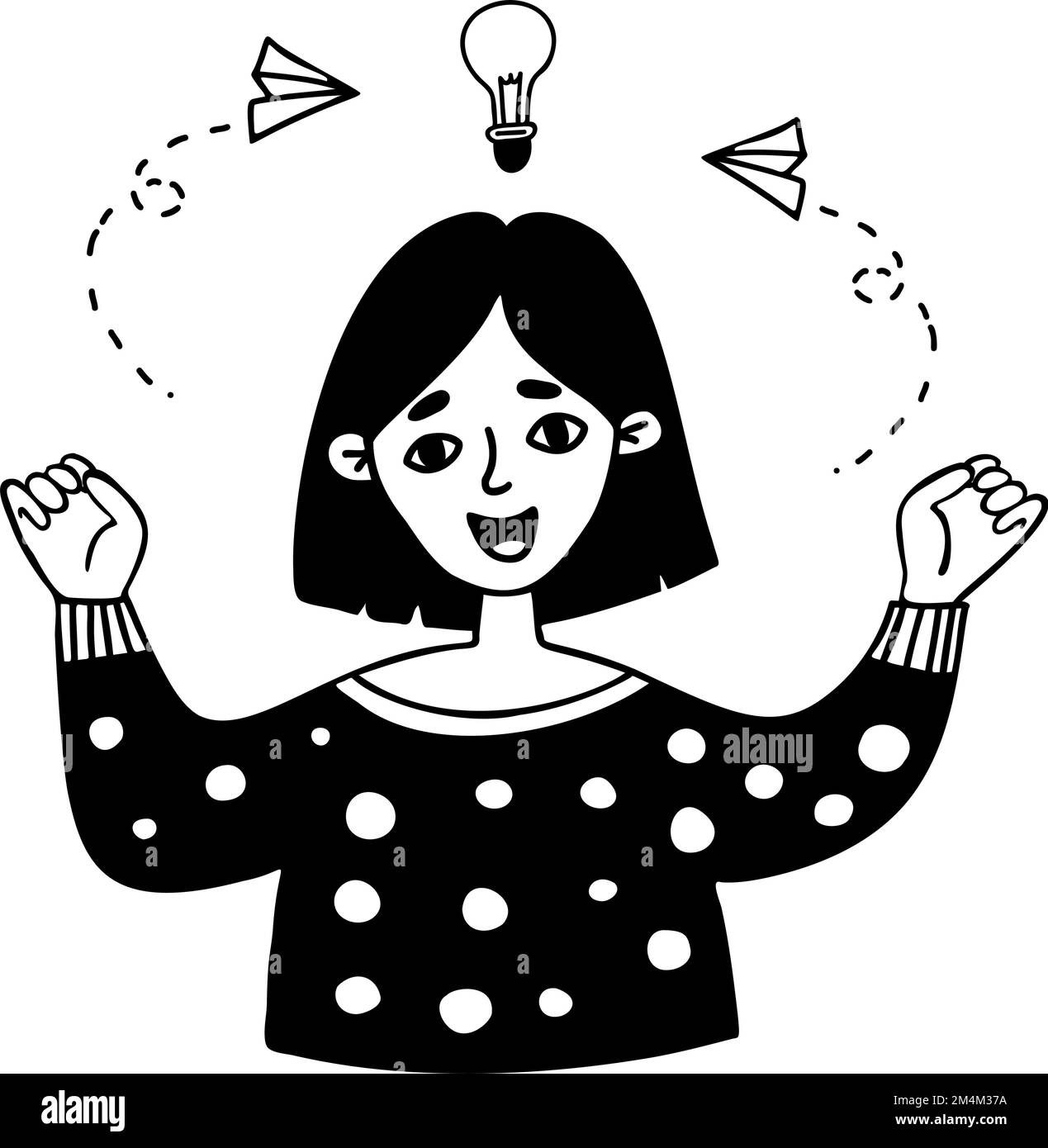 Happy girl and idea. Vector hand drawn doodle. Concept business idea ...