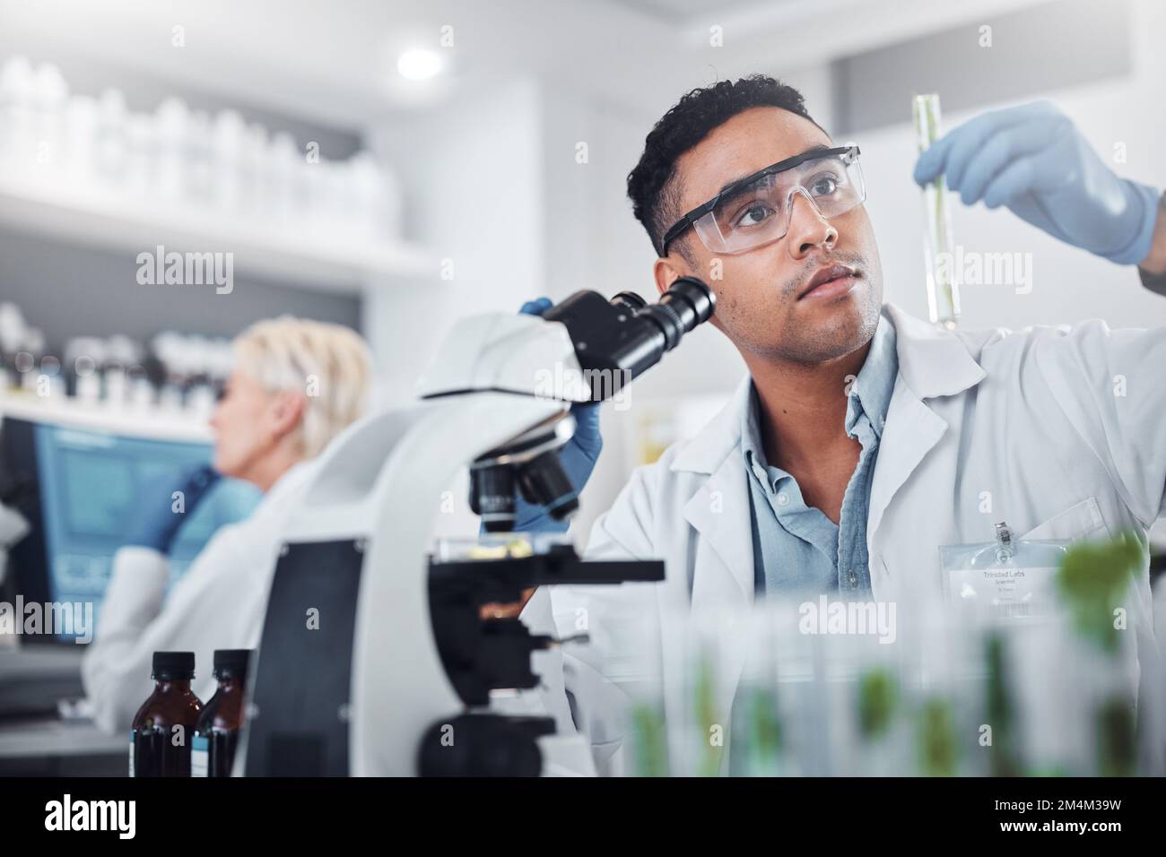 Black man, scientist and lab with test tube research, microscope and ...