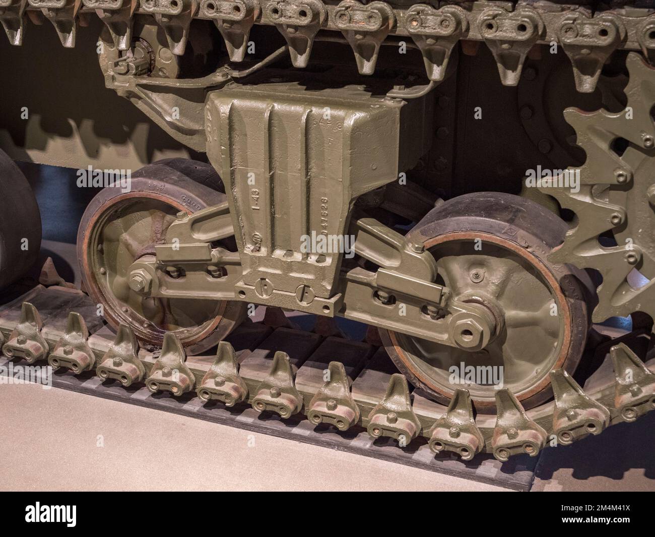 Detail showing the wheels and tracks of an American M4A4 Sherman WWII ...