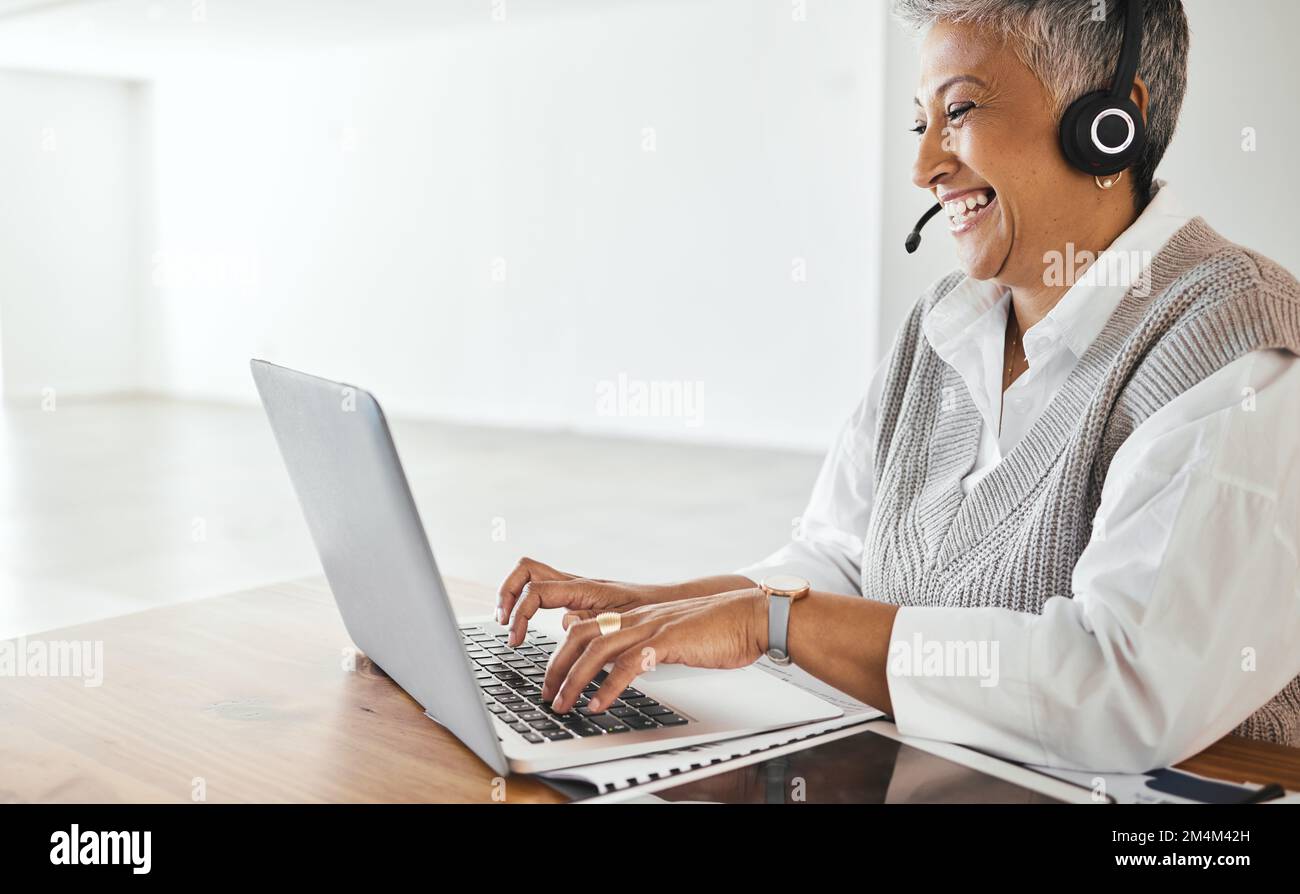 Call center, laptop or happy senior consultant laughing at a funny joke ...