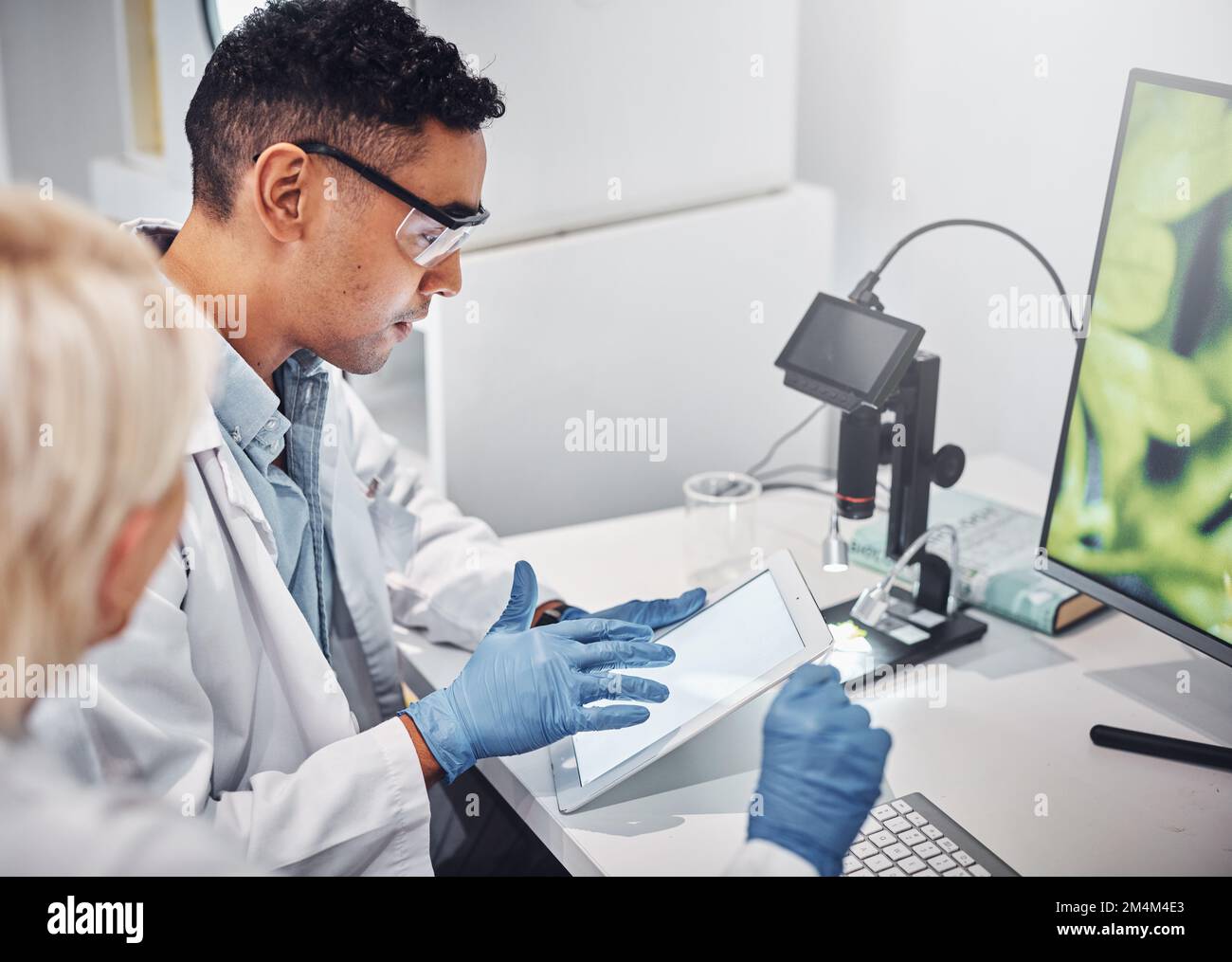 Science team, tablet and analysis study in lab for pharmaceutical collaboration, scientist ...