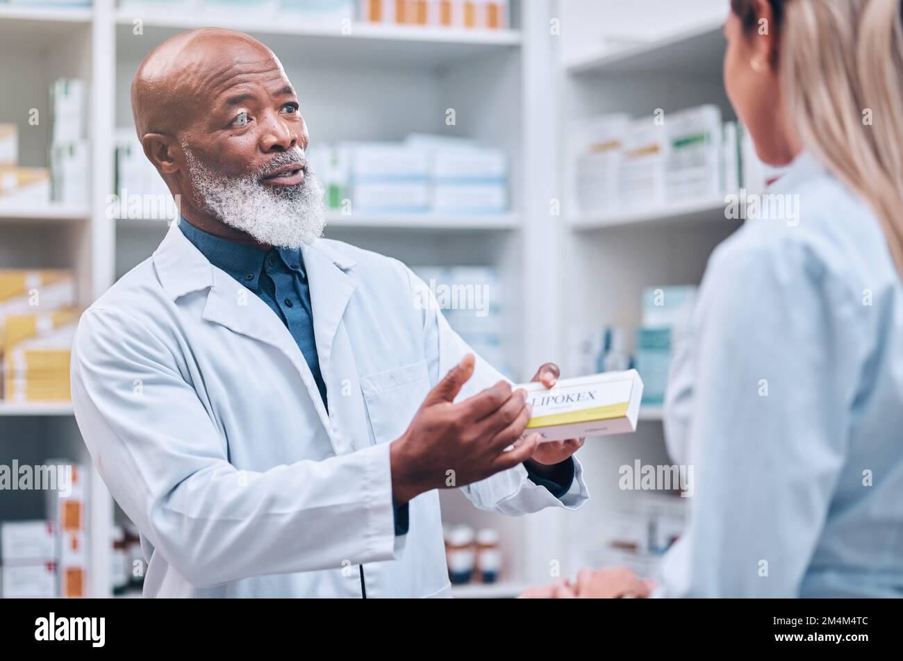 Healthcare, pharmacist and man at counter, medicine, prescription drugs ...