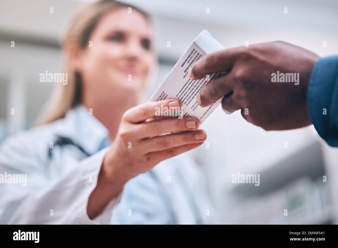 Pharmacy, medication box and pharmacist helping a patient with medical ...