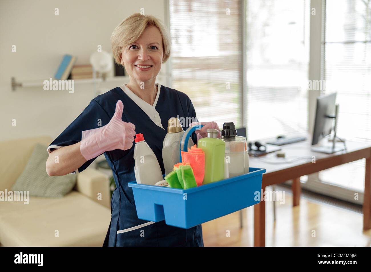 Housemaid in uniform for cleaning apartment holds box with detergents ...