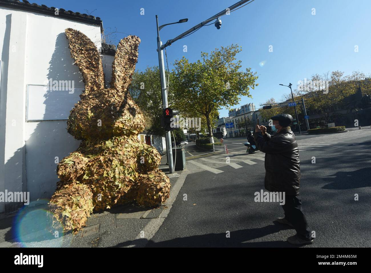 A giant "Leaf Rabbit" appeared on the street in Hangzhou City, east ...