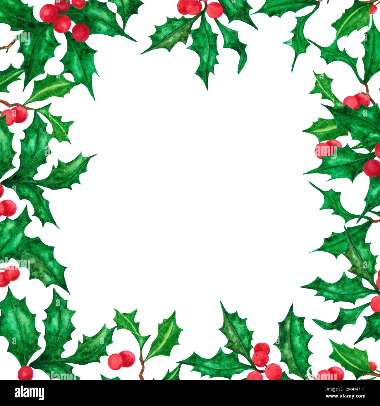 Hand drawn watercolor holly twig frame. Christmass and New Year symbol ...