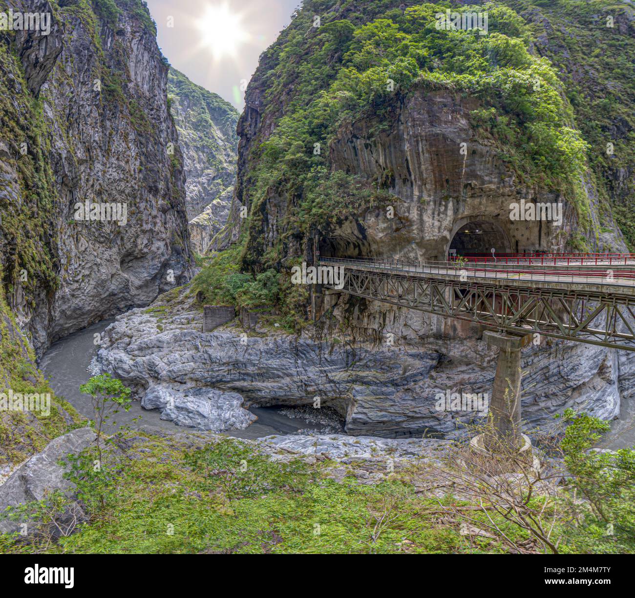 Panoramic picture of narrow Taroko gorge in the Taroko National Park on ...