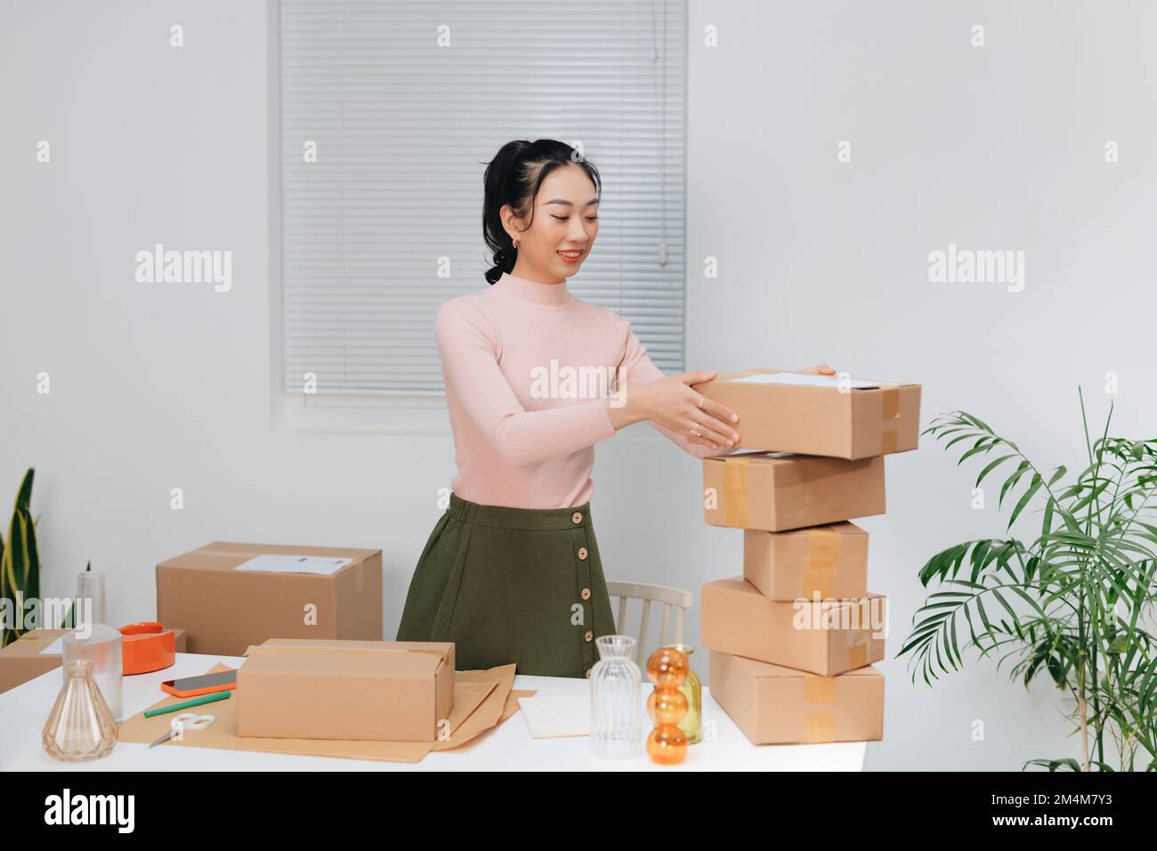 Young business woman working online e-commerce shopping at her shop ...