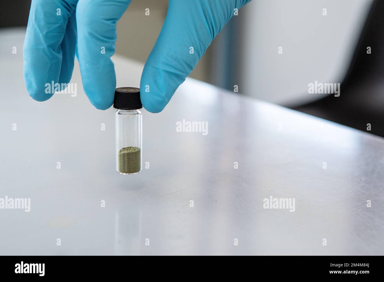 Small bottle with green plant extract from medicinal plants inside ...