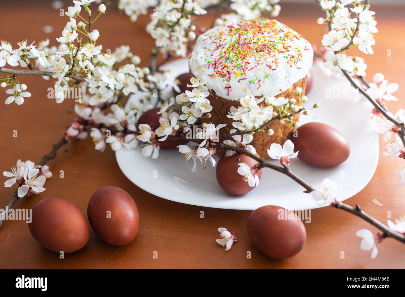 Colorful Easter eggs with spring blossom flowers. Colored Egg Holiday ...