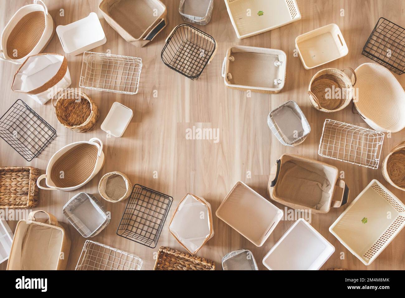 Flat lay of storage boxes; containers and baskets with different sizes ...
