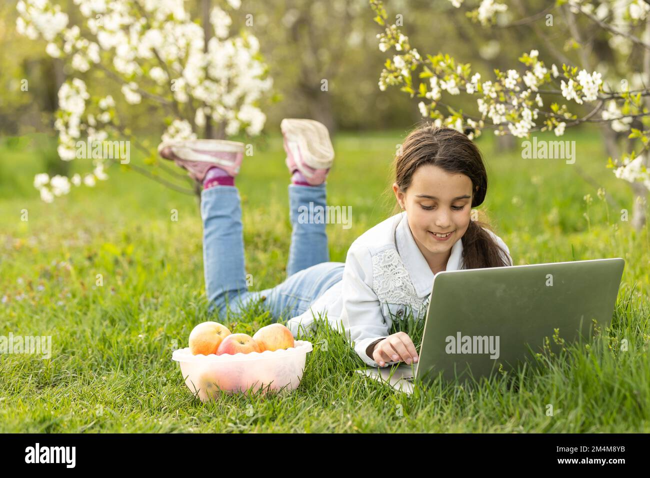 Little girl using laptop computer in a backyard. Child studying at home ...