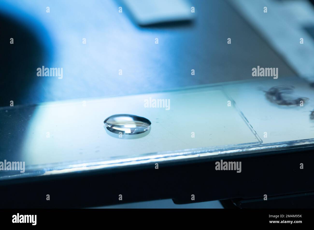 Drop of water on the slide ready to be observed with the microscope ...