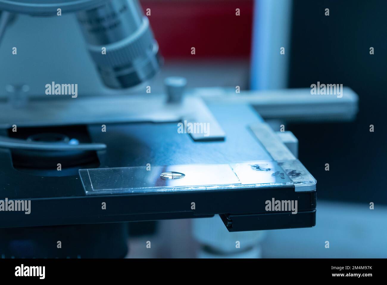 slide with a sample to be analyzed on the shelf of an optical ...