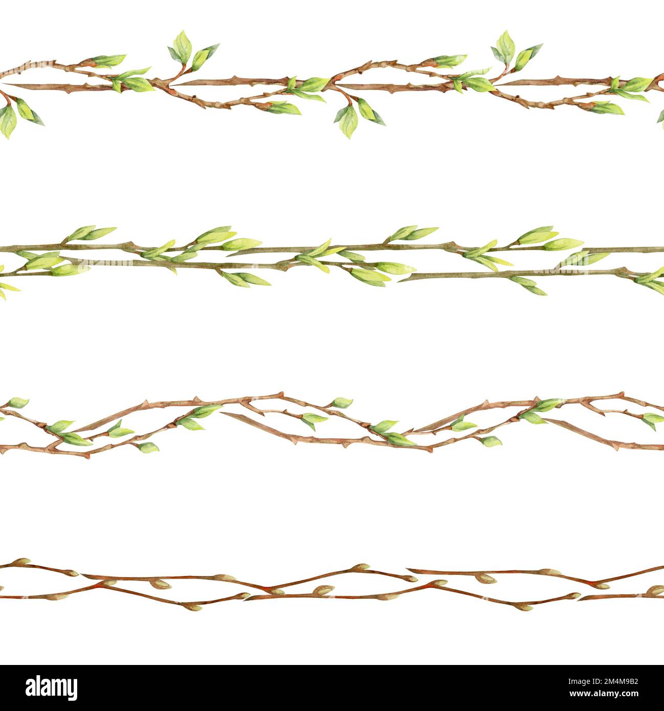 Watercolor hand drawn seamless border of spring twigs and branches with ...