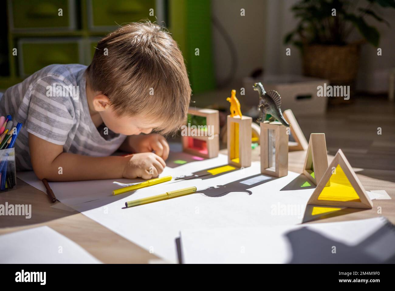 Male kid playing wooden bricks and dinosaurs drawing shadow on paper ...