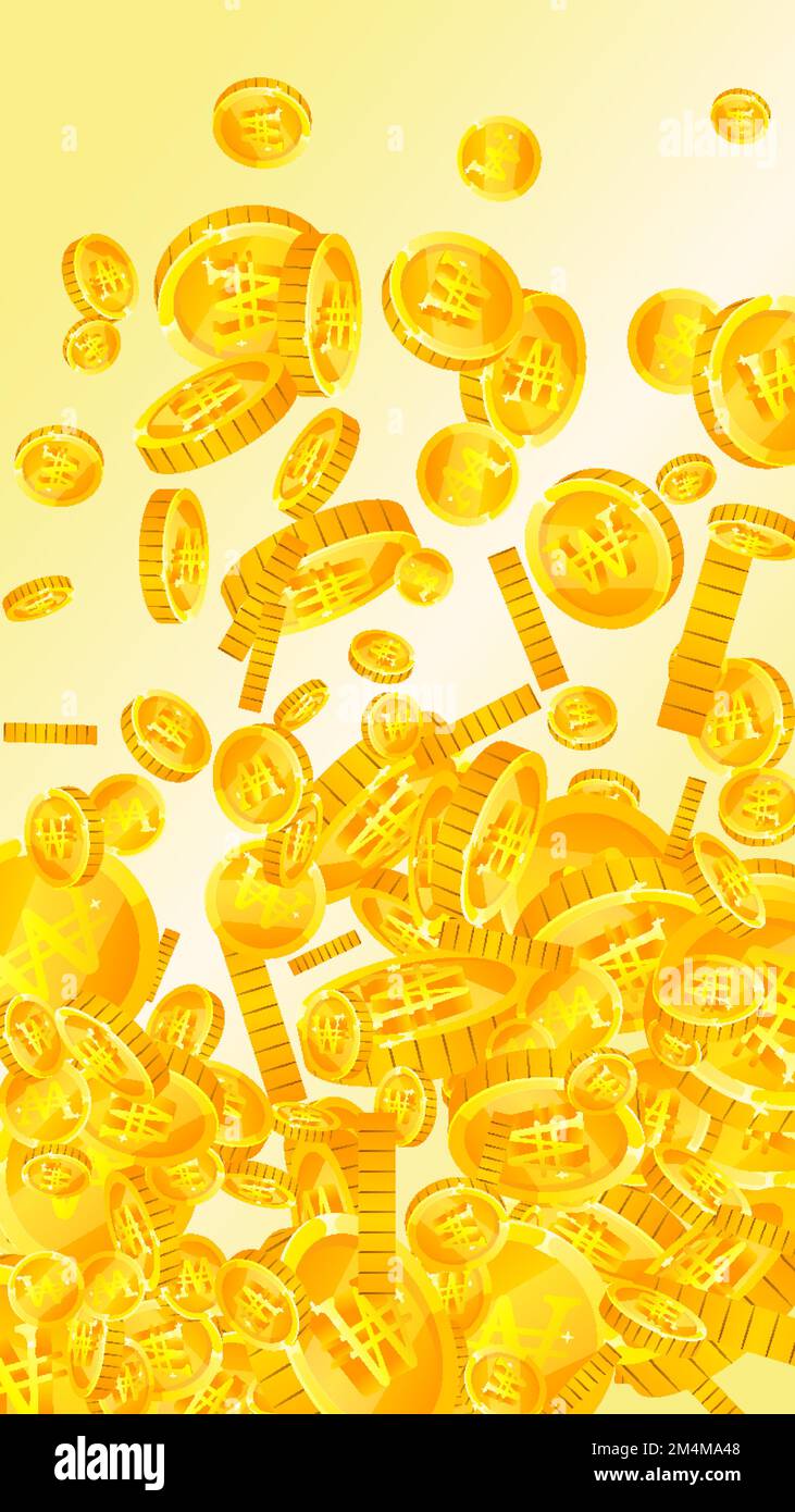 Korean won coins falling. Scattered gold WON coins. Korea money. Great ...
