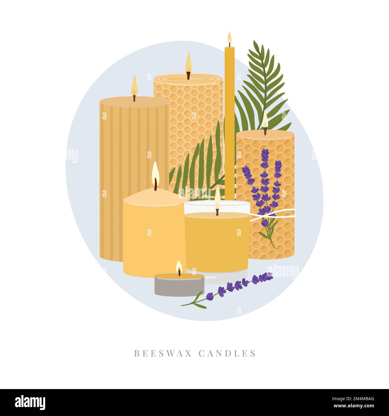 Illustration of scented burning candles. Beeswax pillar candles with ...