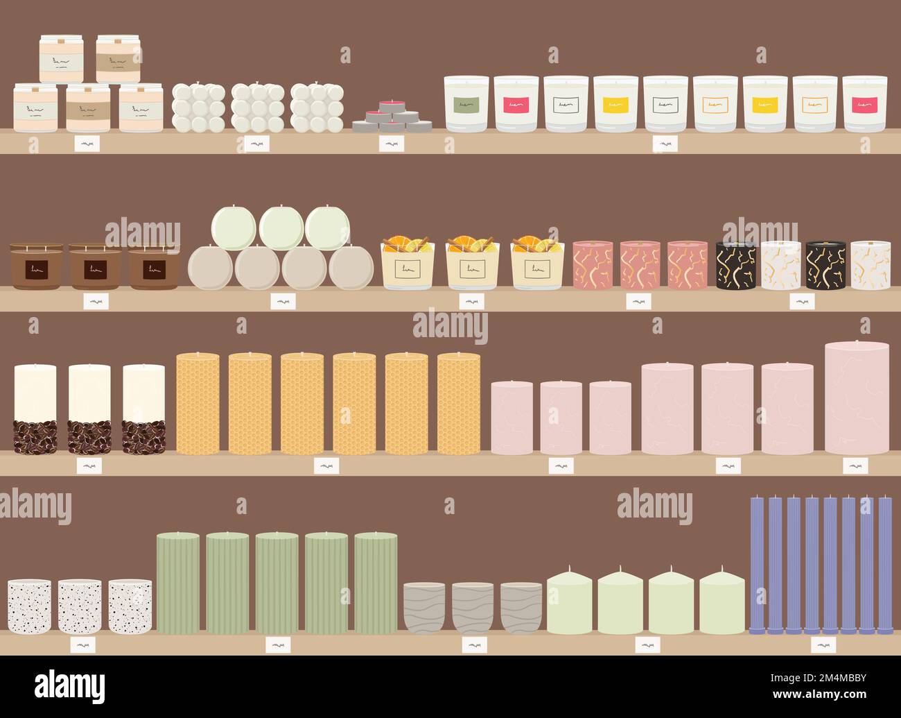 Set of scented candles on shelves in supermarket. Beeswax, paraffin ...