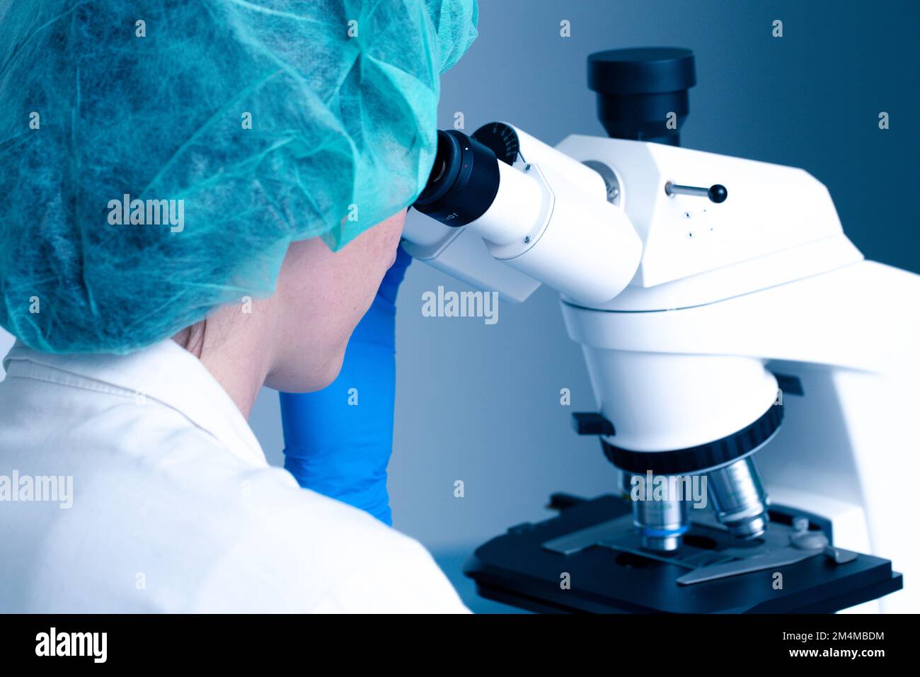 Female scientist looking under a light microscope in a science lab ...