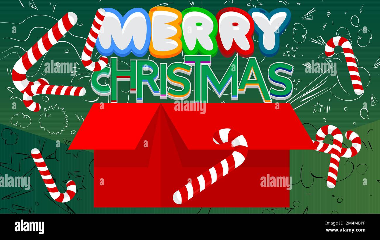 Merry Christmas word with cardboard box. Vector cartoon folded card box ...