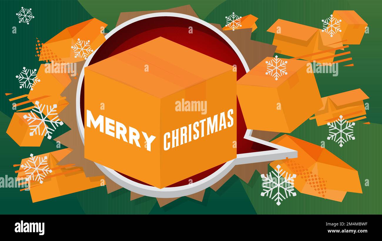 Merry Christmas word with cardboard box. Vector cartoon folded card box ...