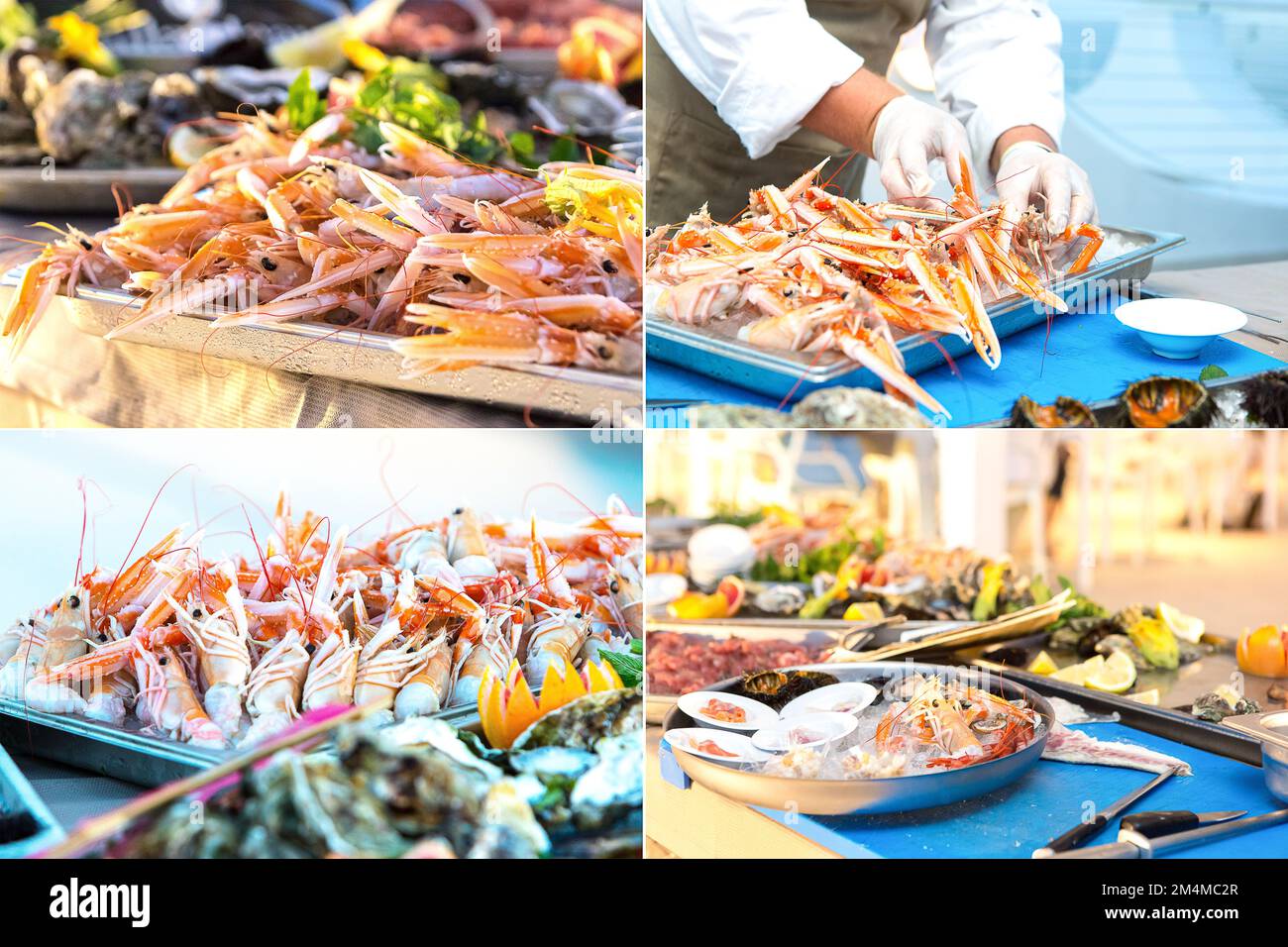 Collage with a series of four pictures with shrimp and seafood dishes ...