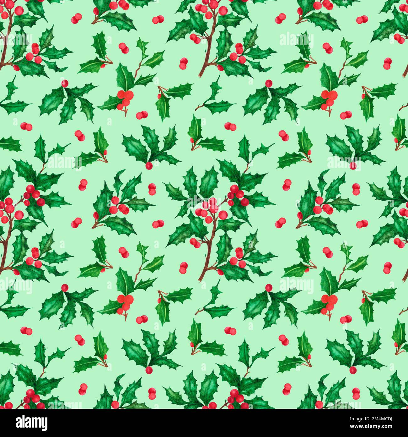 Hand drawn watercolor holly twig seamless pattern on green background ...