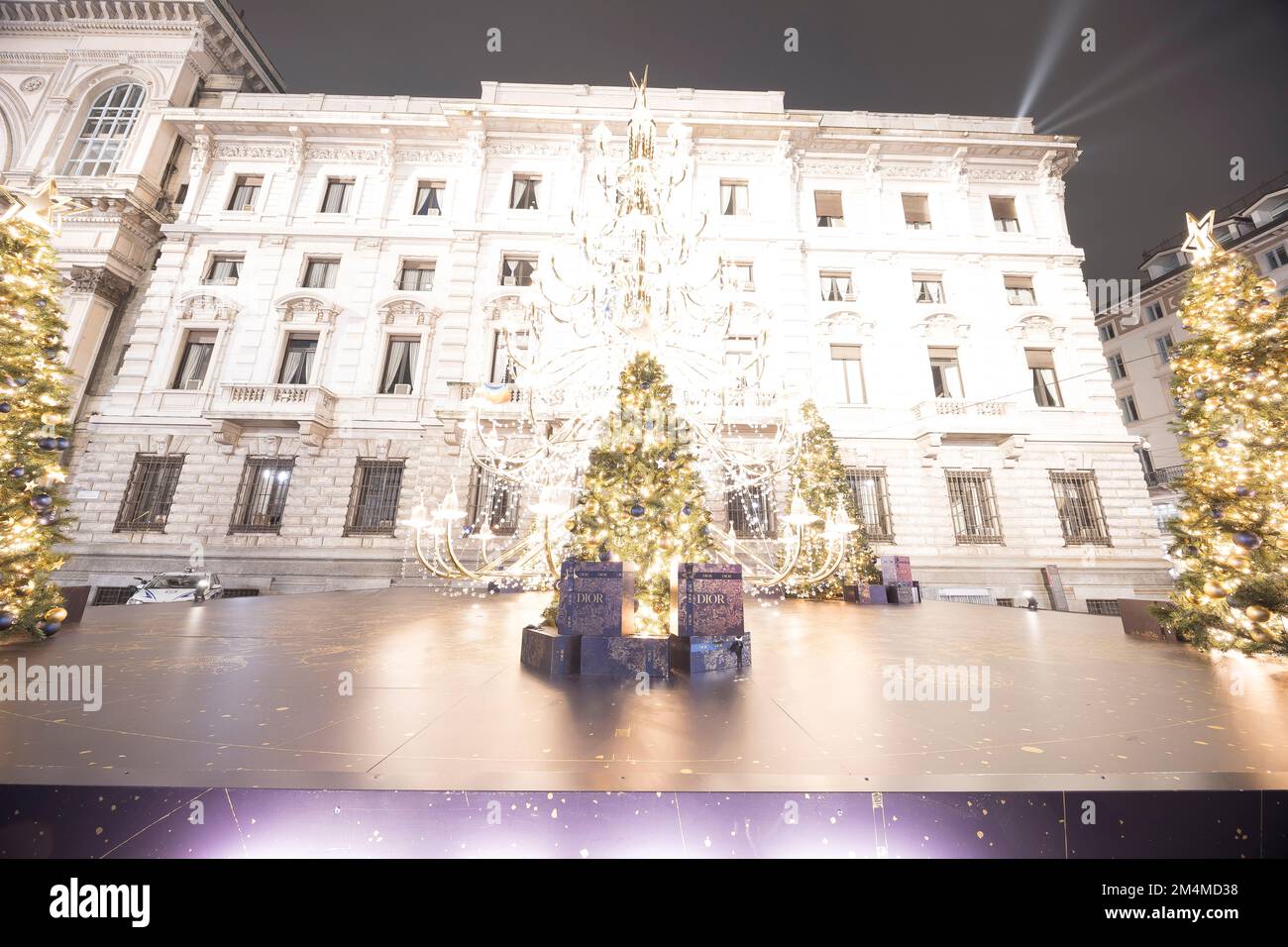 Milan, Italy - December 22, 2022: street view of a Christmas tree in ...