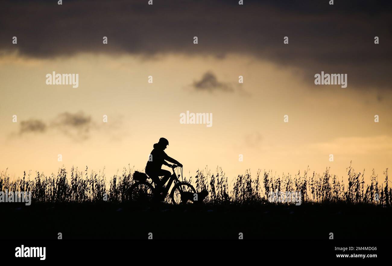 Riedlingen, Germany. 22nd Dec, 2022. A cyclist is walking her dog in ...