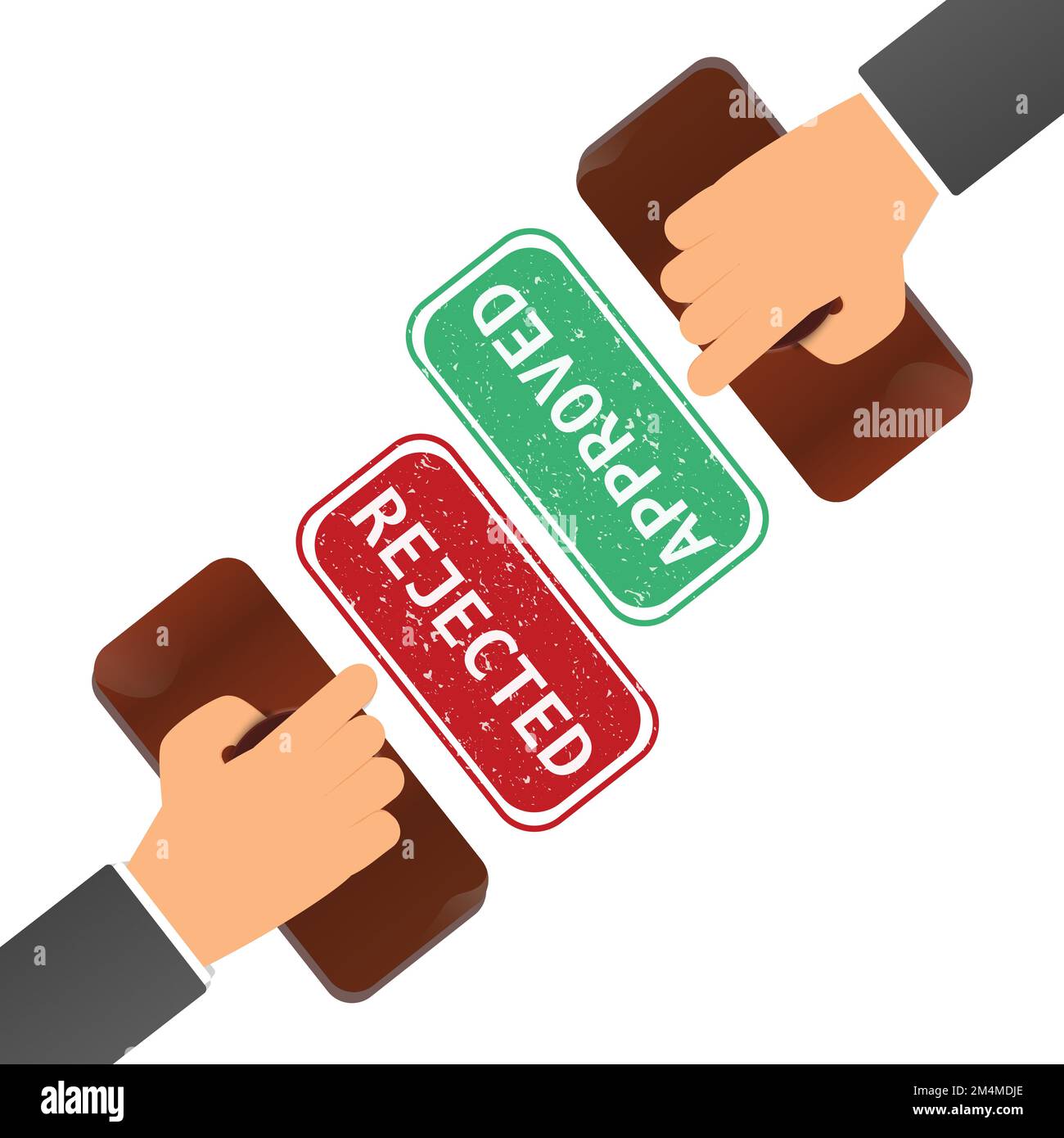 Hands hold rejected and approved claim or credit loan forms, paper ...