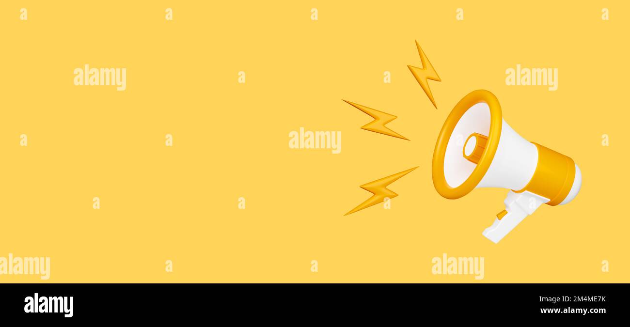 Loudspeaker 3d render - yellow and white megaphone banner with empty ...