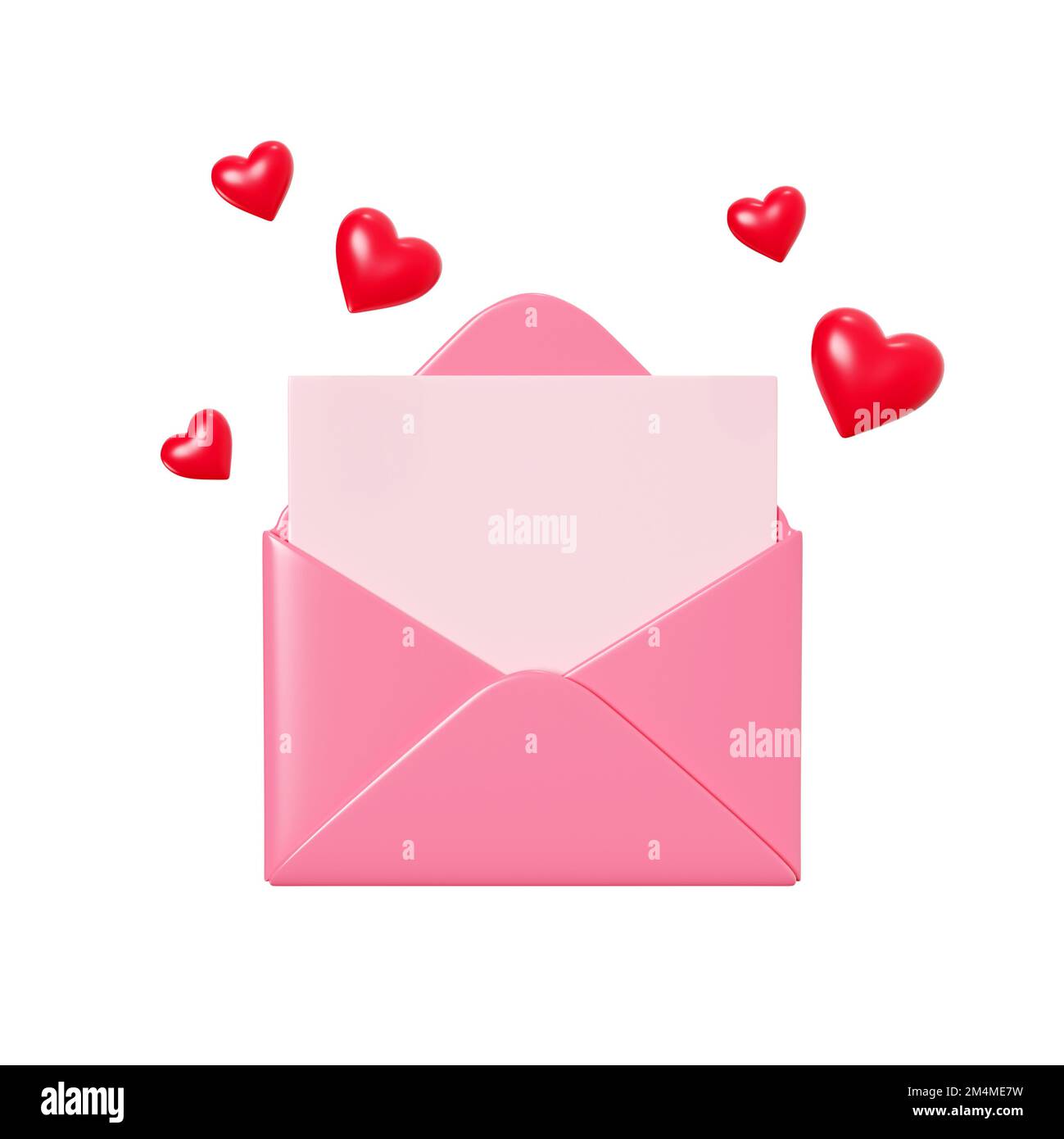 Love letter 3d render - open pink envelope with paper card and flying ...