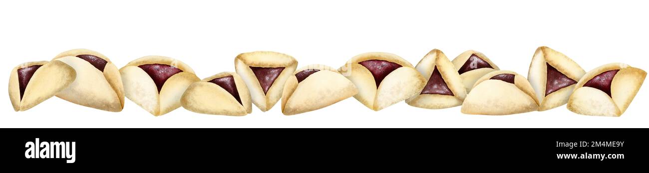 Purim horizontal banner with Haman ears, watercolor Hamantaschen ...