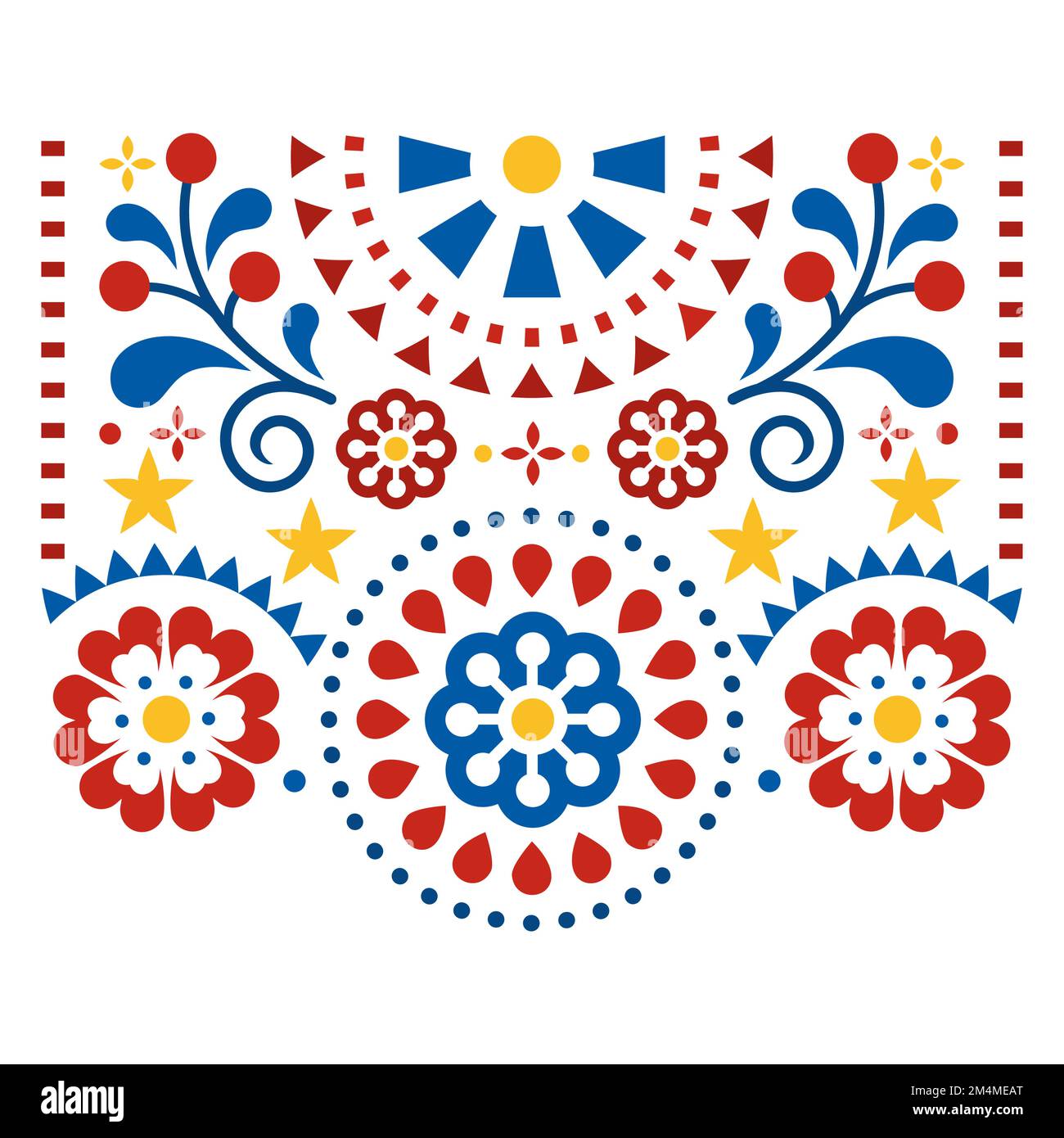 Mexican folk art vector design with flowers, leaves and geomeric shapes ...